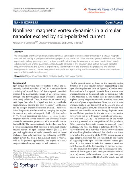 Pdf Nonlinear Magnetic Vortex Dynamics In A Circular Nanodot Excited By Spin Polarized Current