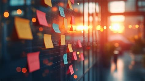 Project Management Board With Postit Notes In Office Setting With Bokeh