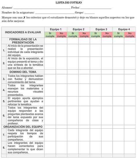 Ejemplos De Lista De Cotejo Para Evaluar