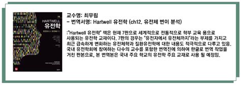 저서 및 번역서 실적 최무림 교수hartwell 유전학 Ch12 유전체 변이 분석 교육과정 교육 Snu 의생명과학단