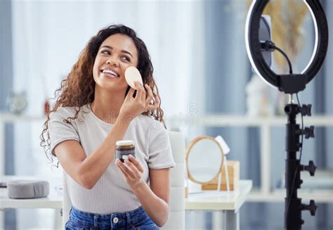 Makeup Influencer Product And Happy Woman Streaming Tutorial For Beauty Fashion And Broadcast