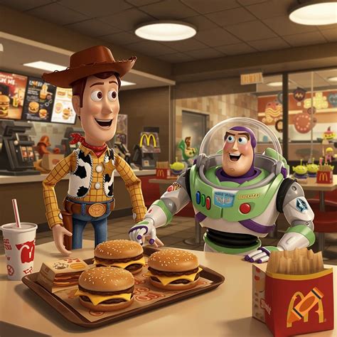 Woody And Buzz Lightyear At Mcdonalds Eating Burgers From Toy Story