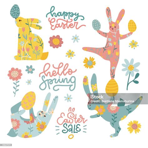 랍비 르 패턴 실루엣 부활절 달걀 꽃과 평면 스타일의 글레터 따옴표세트 토끼 피규어에 민속 장식 파스텔 색상의 벡터 일러스트레이션 벡터에 대한 스톡 벡터 아트 및 기타