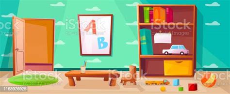 게임 장난감 Abc와 어린이 또는 어린이를위한 놀이방 개방형 도어와 옷장이 있는 인테리어 공부를 위한 테이블이 있는 초등학교 수업 구름 그림과 배경 화면입니다 0명에 대한