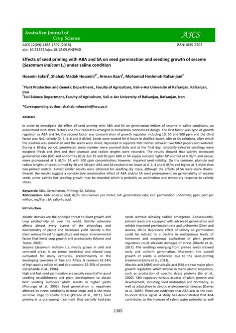Pdf Effects Of Seed Priming With Aba And Sa On Seed Germination And Seedling Growth Of Sesame