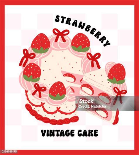 요괴 빈티지 생일 케이크 딸기 리본 활 일러스트 그루비 복고풍 디자인 강렬하고 밝은 색상에 대한 스톡 벡터 아트 및 기타 이미지