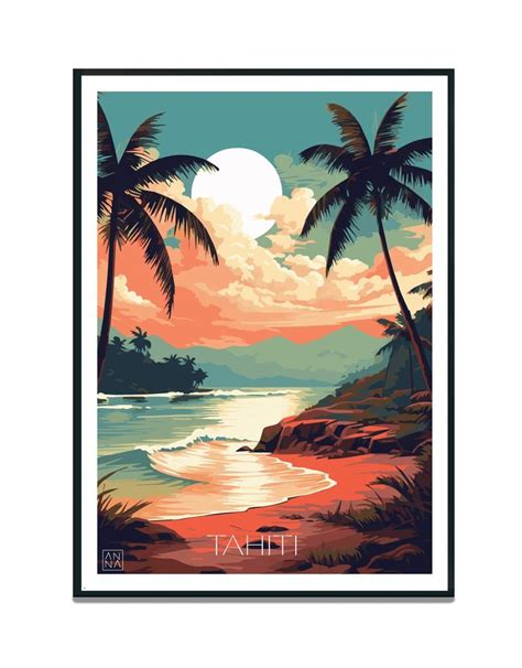 Plages De Sable Blanc Ile Paradisiaque Polynesie Française Paysage Vintage Affiche