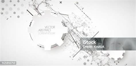 기술 및 과학 주제에 대한 추상적 인 배경 텍스트 아래에 있는 장소가 있는 다양한 테크노 디테일이 있는 플렉서스 효과 벡터 형식입니다 It 지원에 대한 스톡 벡터 아트 및