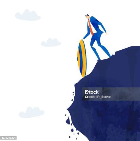 사업가는 방패를 보호하는 절벽 가장자리에 서 있다 위기 데드 라인 추락 및 위험 개념 일러스트레이션 가능성에 대한 스톡 벡터 아트 및 기타 이미지 Istock