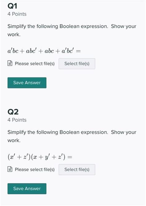 solved q1 4 points simplify the following boolean