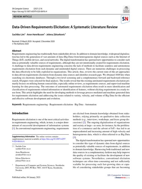 Data‑driven Requirements Elicitation A Systematic Literature Review