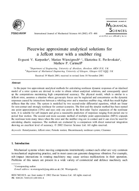 Pdf Piecewise Approximate Analytical Solutions For A Jeffcott Rotor