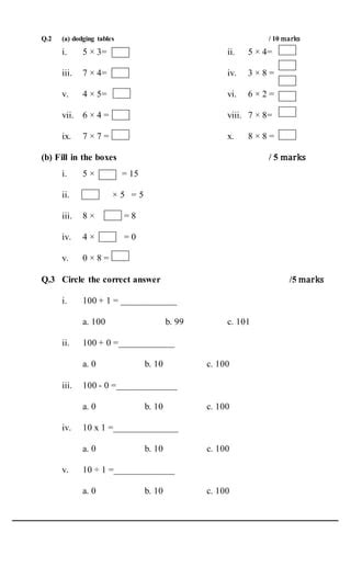 Mathematics Papers Class 2 Pdf