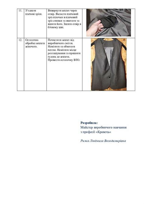 Інструкційна карта Послідовність пошиття жилета жіночого Інші методичні матеріали