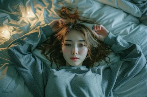 Japanese Woman Lying Face Down On Bed Shoulderlength Wavy Hair Down