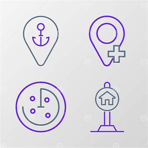 Set Line Hotel Sign For Traffic Radar With Targets On Monitor Location And Anchor Icon Vector