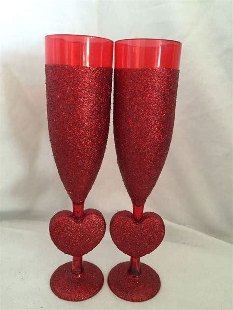 Red Champagne Flutes With Hearts For Valentines Day Wedding Toasting