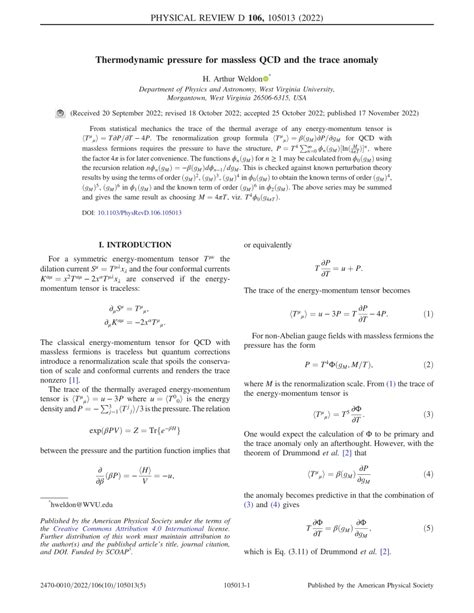 Pdf Thermodynamic Pressure For Massless Qcd And The Trace Anomaly