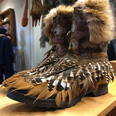 Fancy Boots With Owl Feather Trim Creative Shoe Stock Illustration