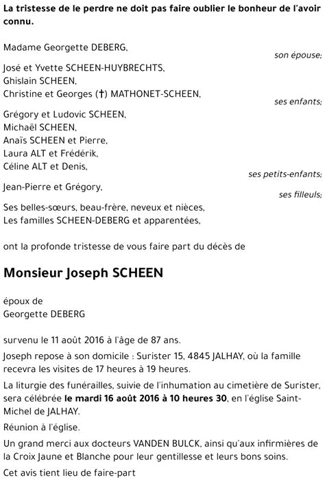 Avis De Décès De Joseph Scheen Décédé Le 11082016 à Jalhay Annonce Condoléances Fleurs