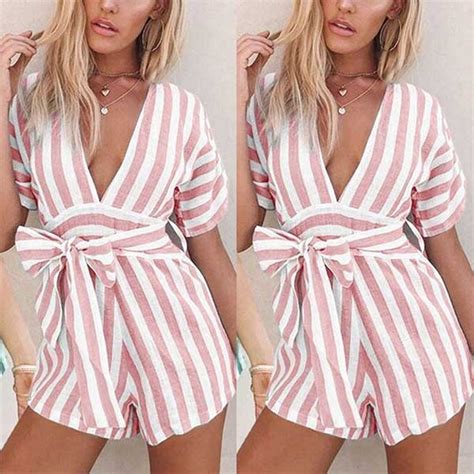 Sweet Contrast Color Short Sleeve Lace Up Slim Fit Striped Romper