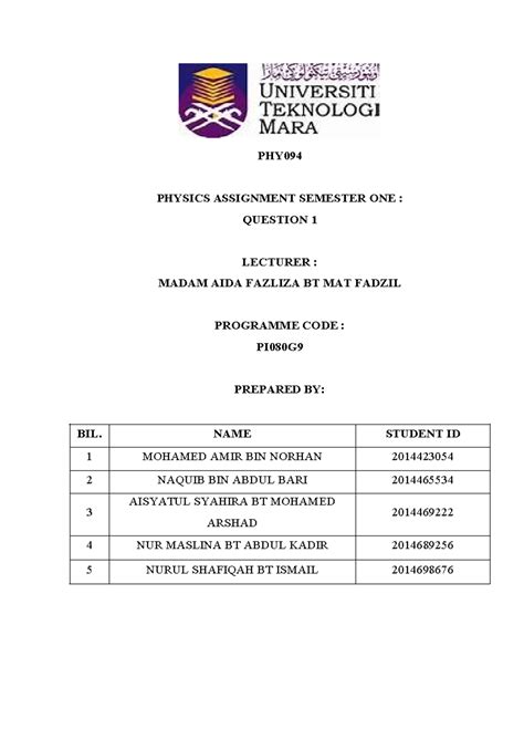 Assignment Physics Phy Physics Assignment Semester One Question 1