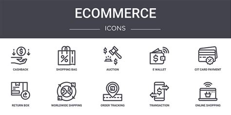 전자 상거래 개념 라인 아이콘 설정 쇼핑백 E 지갑 리턴 박스 주문 추적 거래 온라인 쇼핑 시트 카드 결제 경매 등 웹 로고 Ui Ux에 사용할 수 있는 아이콘이 포함되어