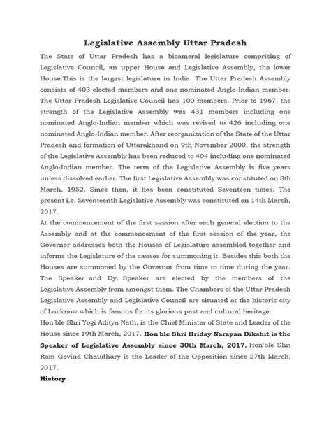 Uttar Pradesh Legislative Assembly Overview Pdf Legislature