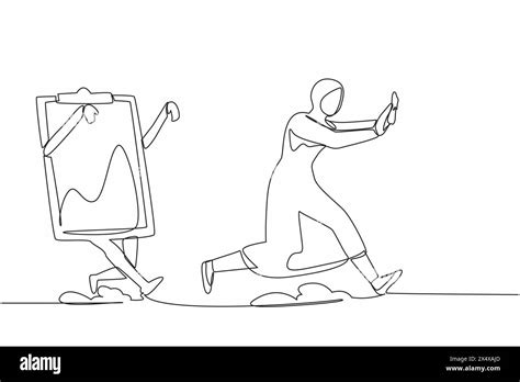 Single Continuous Line Drawing Fright Arab Businesswoman Being Chased