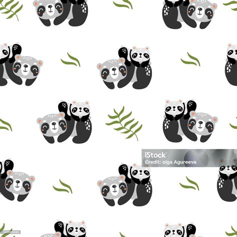 디자인을 위한 흰색 배경에 엄마 팬더와 아기가 있는 귀여운 벡터 원활한 그림 가공의 인물에 대한 스톡 벡터 아트 및 기타 이미지 가공의 인물 가족 검은색 Istock