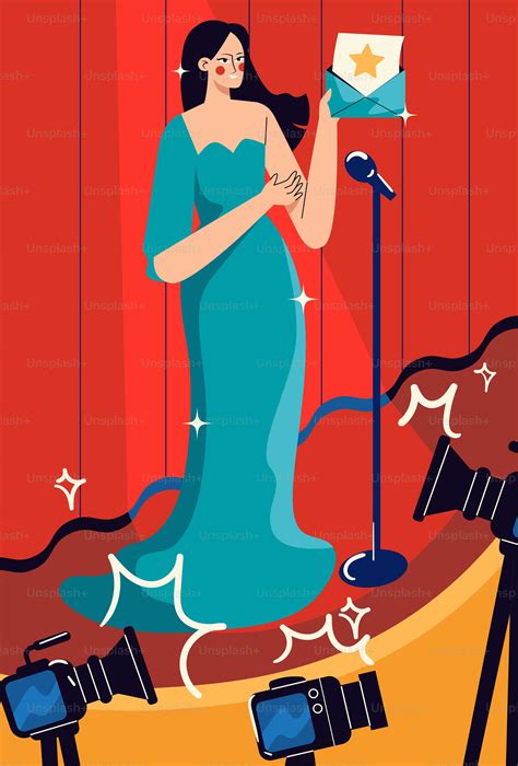 파란 드레스를 입은 여성이 마이크 앞에 서 있다 벡터 Unsplash의 수상 봉투 이미지