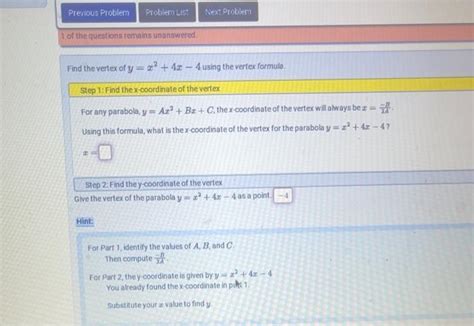 solved ind the vertex of y x2 4x−4 using the vertex formula
