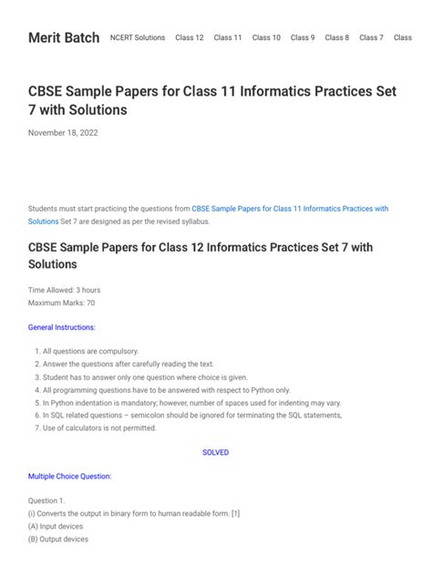 Cbse Sample Papers For Class 11 Informatics Practices Set 7 With