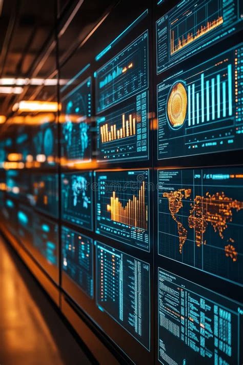 Data Center Visualization With Charts Graphs And Programming Code Displayed On Monitors Stock