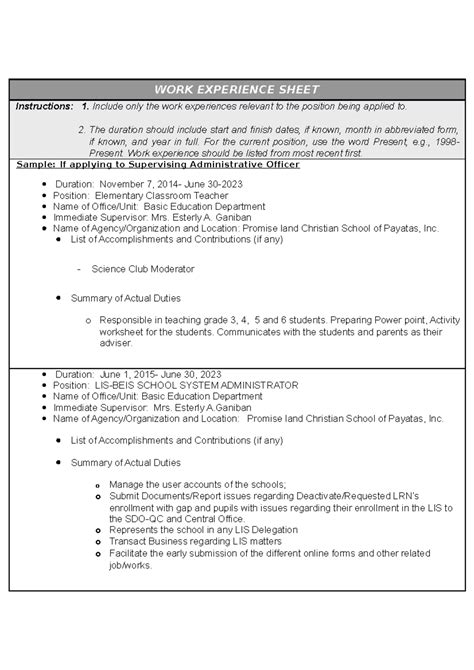 Work Experience Sheet Work Experience Sheet Instructions 1 Include