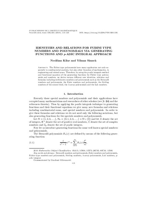 Pdf Identities And Relations For Fubini Type Numbers And Polynomials Via Generating Functions