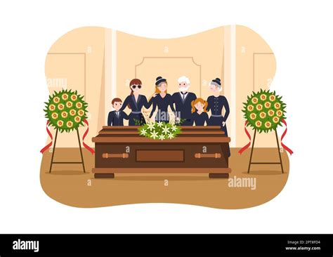 Funeral Ceremony In Grave Of Sad People In Black Clothes Standing And Wreath Around Coffin In