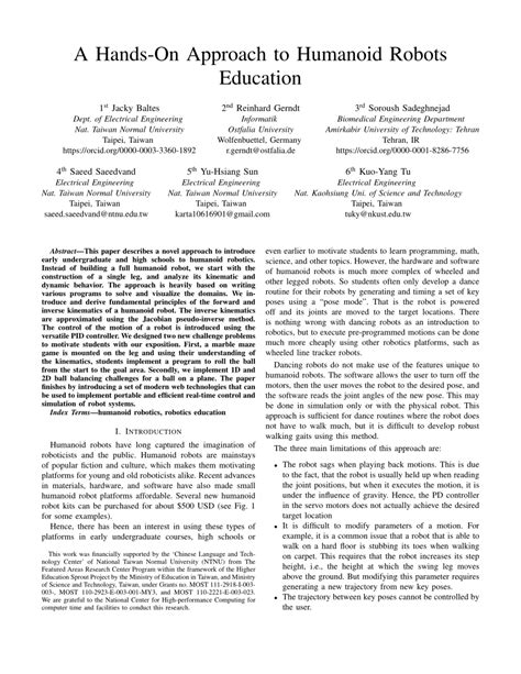 Pdf A Hands On Approach To Humanoid Robots Education