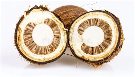 Sliced Coconut Close Up Revealing Interior Texture And Structure On White Background Stock