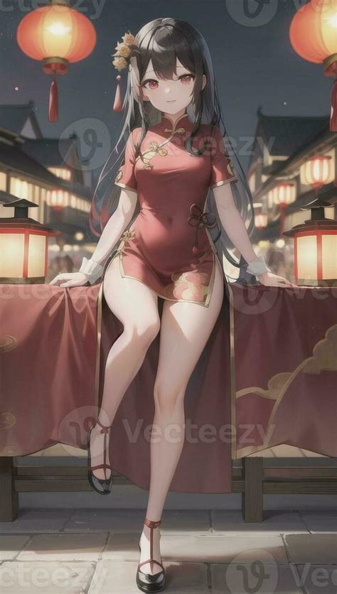 Ai Generated Cute Anime Girl Character Wearing Chinese Cheongsam Zansae Qipao Mandarin Gown For