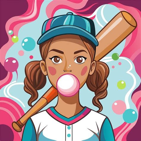 A Girl In A Baseball Cap Blowing Bubble Gum With A Bat Premium Ai Generated Vector