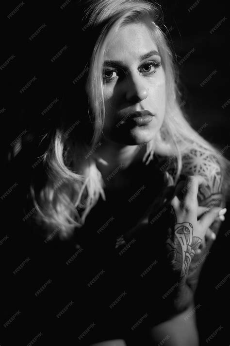 Premium Photo Sexy Blonde With A Tattoo Bdsm Games Black And White Photos