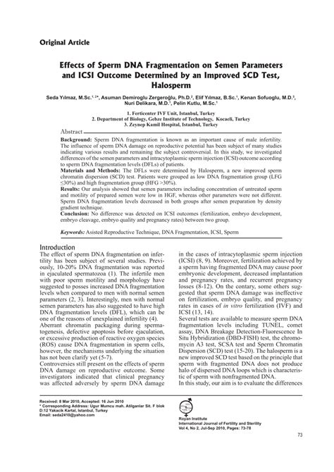 Pdf Effects Of Sperm Dna Fragmentation On Semen Parameters And Icsi