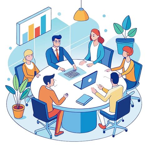 Business Meeting With Five People Sitting At A Round Table Discussing