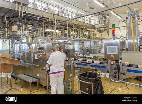 Worker Operating Machine At A Dairy Factory Yogurt Product At The End