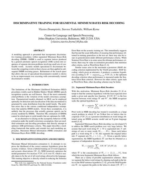 Pdf Discriminative Training For Segmental Minimum Bayes Risk Decoding