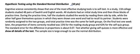 Solved Hypothesis Testing Using The Standard Normal