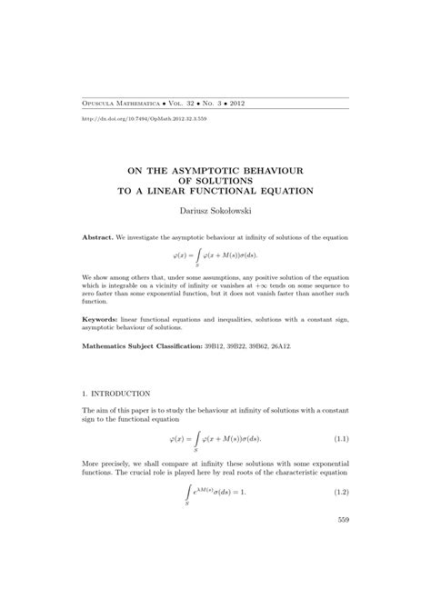 Pdf On The Asymptotic Behaviour Of Solutions To A Linear Functional Equation