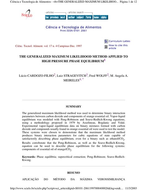 Pdf The Generalized Maximum Likelihood Method Applied To High Pressure Phase Equilibrium