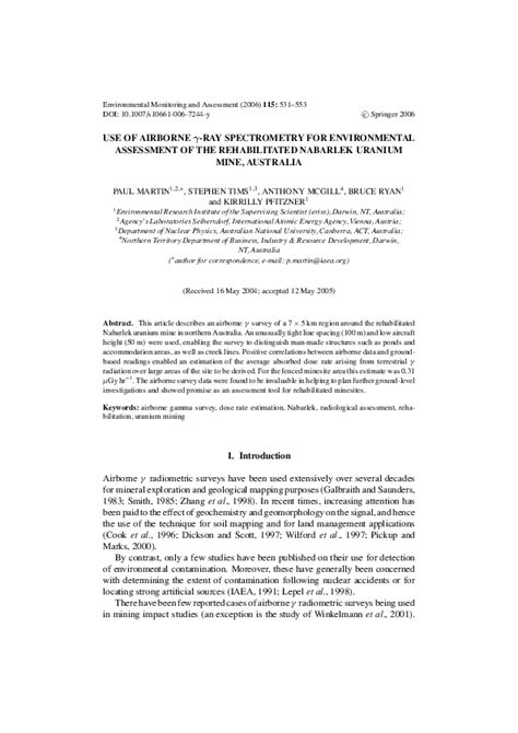 Pdf Use Of Airborne γ Ray Spectrometry For Environmental Assessment Of The Rehabilitated